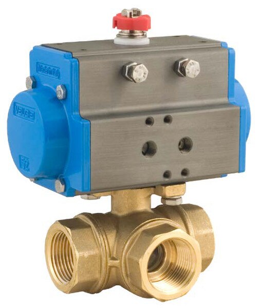 Double Acting Valbia Pneumatic Actuator w/ Brass 3-Way Standard L-Port Ball Valve
