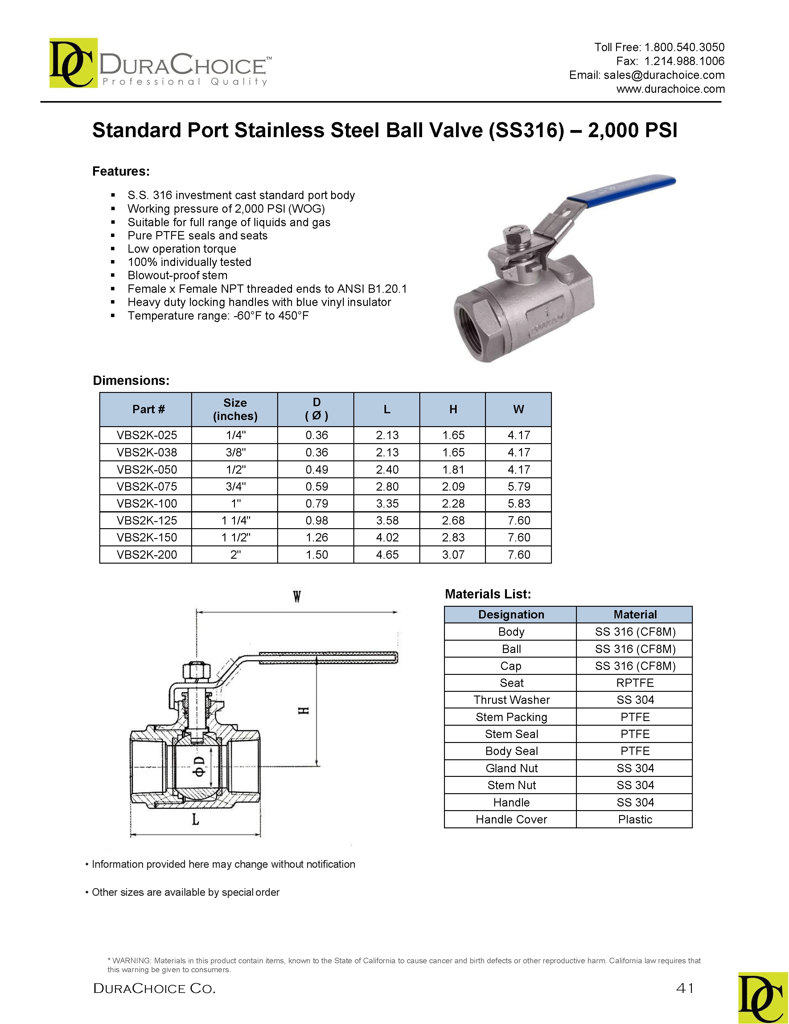 Stainless Steel (316) Ball Valve - 2pc Heavy Duty, 2,000WOG Stainless Steel (316) Ball Valve - 2pc Heavy Duty, 2,000WOG